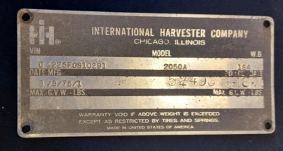 1975 International Harvester Co Chicago VIN Plate Serial Number Model ...