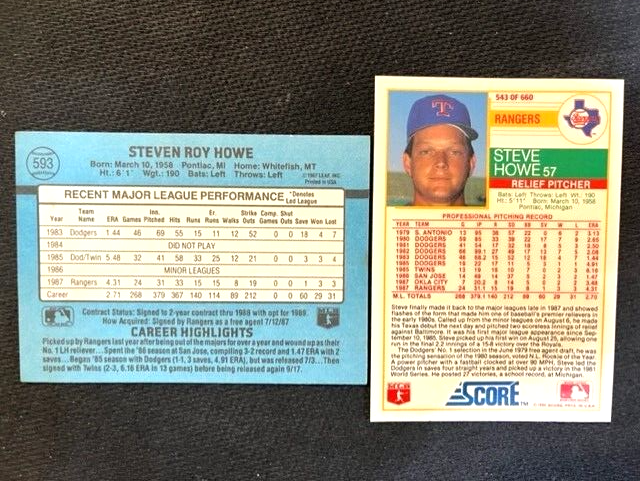 MLB - Steve Howe 1988 Donruss & 1988 Score Baseball - Rangers | eBay