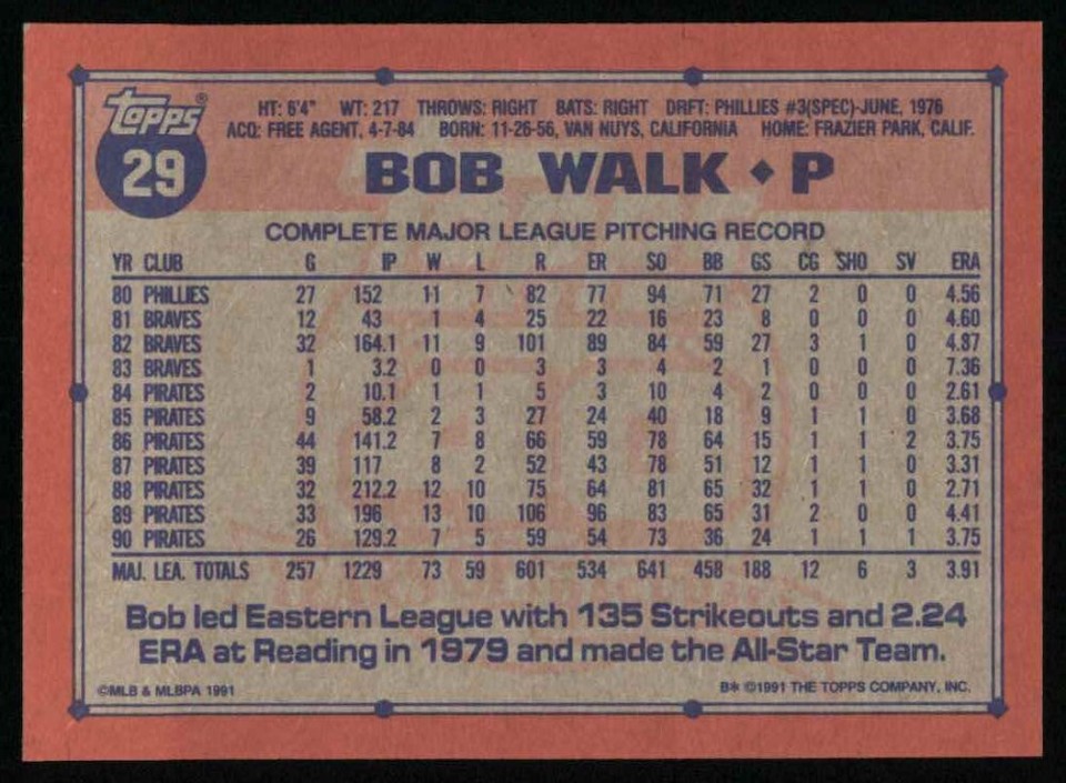 1991 Topps #29 Bob Walk Pirates 8 - NM/MT | eBay