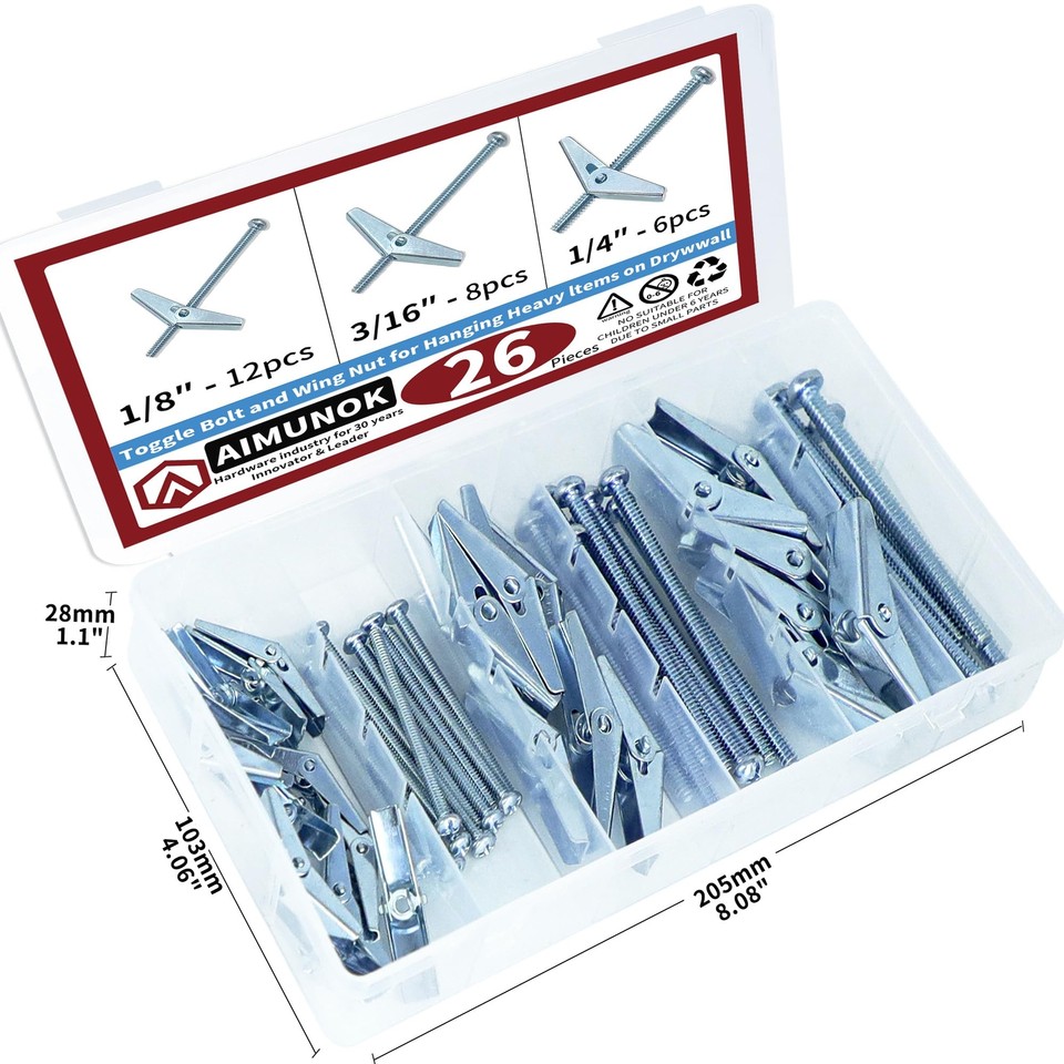 Assorted 26 Pcs Toggle Bolt and Wing Nut Kit for Hanging Heavy Items on ...