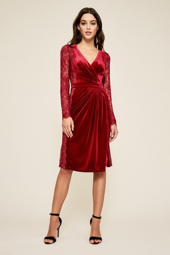 NWT Tadashi Shoji MOLIN Size 14 Lace Long-sleeve Velvet Dress Red Femme ...