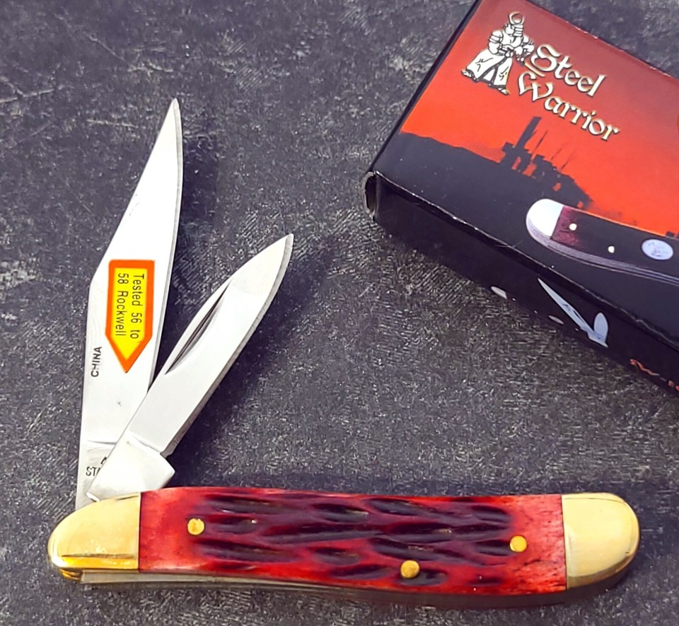 STEEL WARRIOR Knife 2 Blade Peanut Jigged BONE Handles ETCHED Blade | eBay