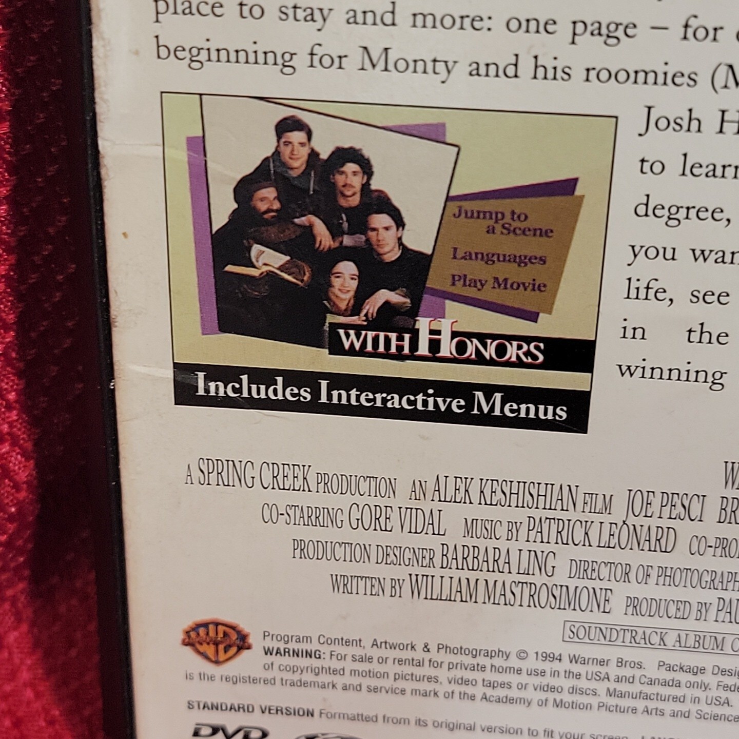 WITH HONORS vtg romance drama movie dvd 1994 full screen Pesci Fraser ...