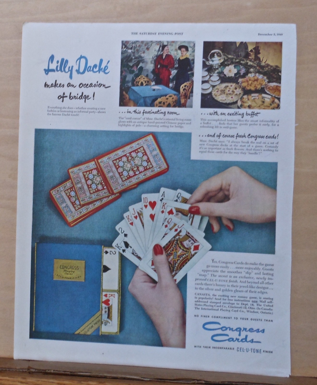 1949 magazine ad for Congress Playing Cards -hostess Lilly Dache uses ...