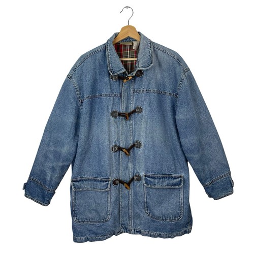 VTG Liz Clairborne Denim Jacket Chore Coat Toggle Close Plaid Lined 80s ...