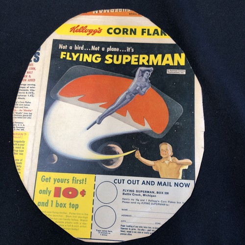 1955 KELLOGG'S CORN FLAKES CEREAL BOX AD WITH "FLYING SUPERMAN" PREMIUM ...