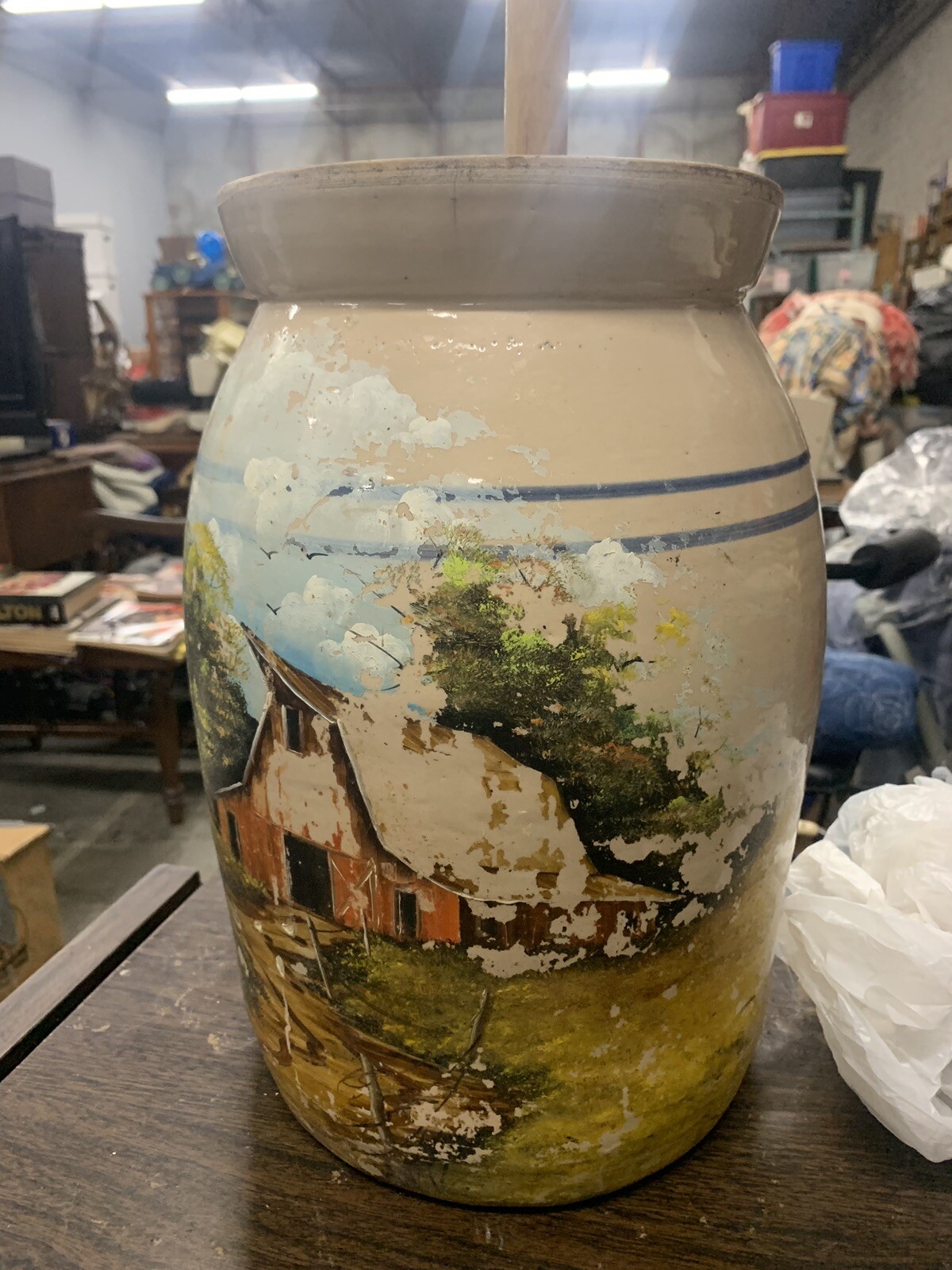Earthenware Crock Churn with Barn Scene by Artist Ruth Poage North ...