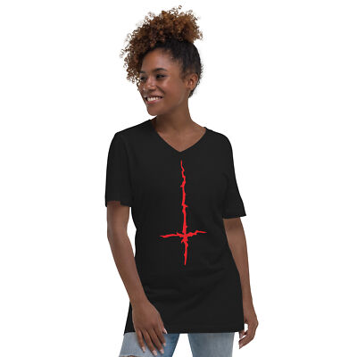 Red Melting Inverted Cross Black Metal Style Unisex Short Sleeve V-Neck ...