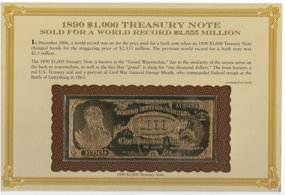 1890 $1000 Treasury Note Gold Plated Copy | eBay