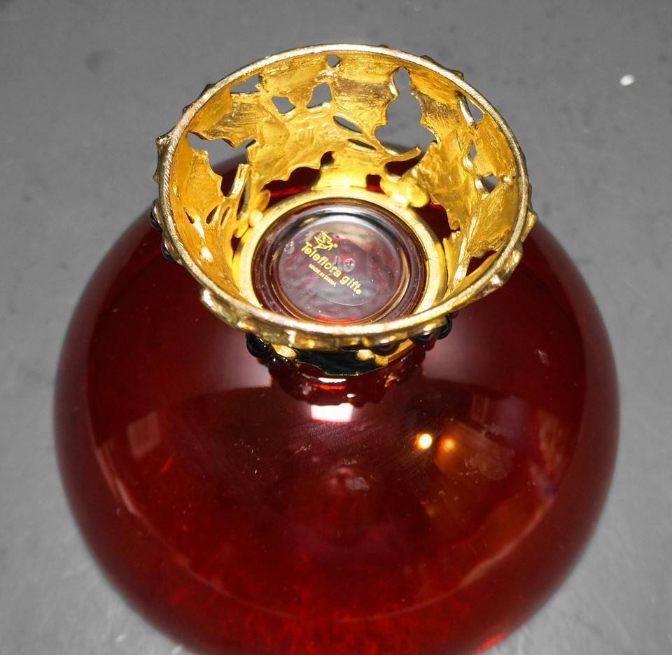 Teleflora Christmas Red Glass Bowl Enamel Holly Pedestal Base | eBay