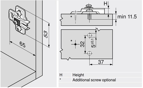 Blum Refrigerator Hinge MODUL Built-In Arm 91K9550 with Mounting Plate ...