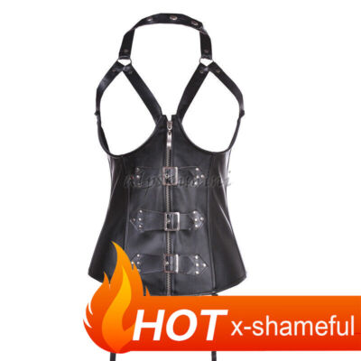 New Underbust Cupless Buckle Zipper Lace Up Faux Leather Black Corset ...
