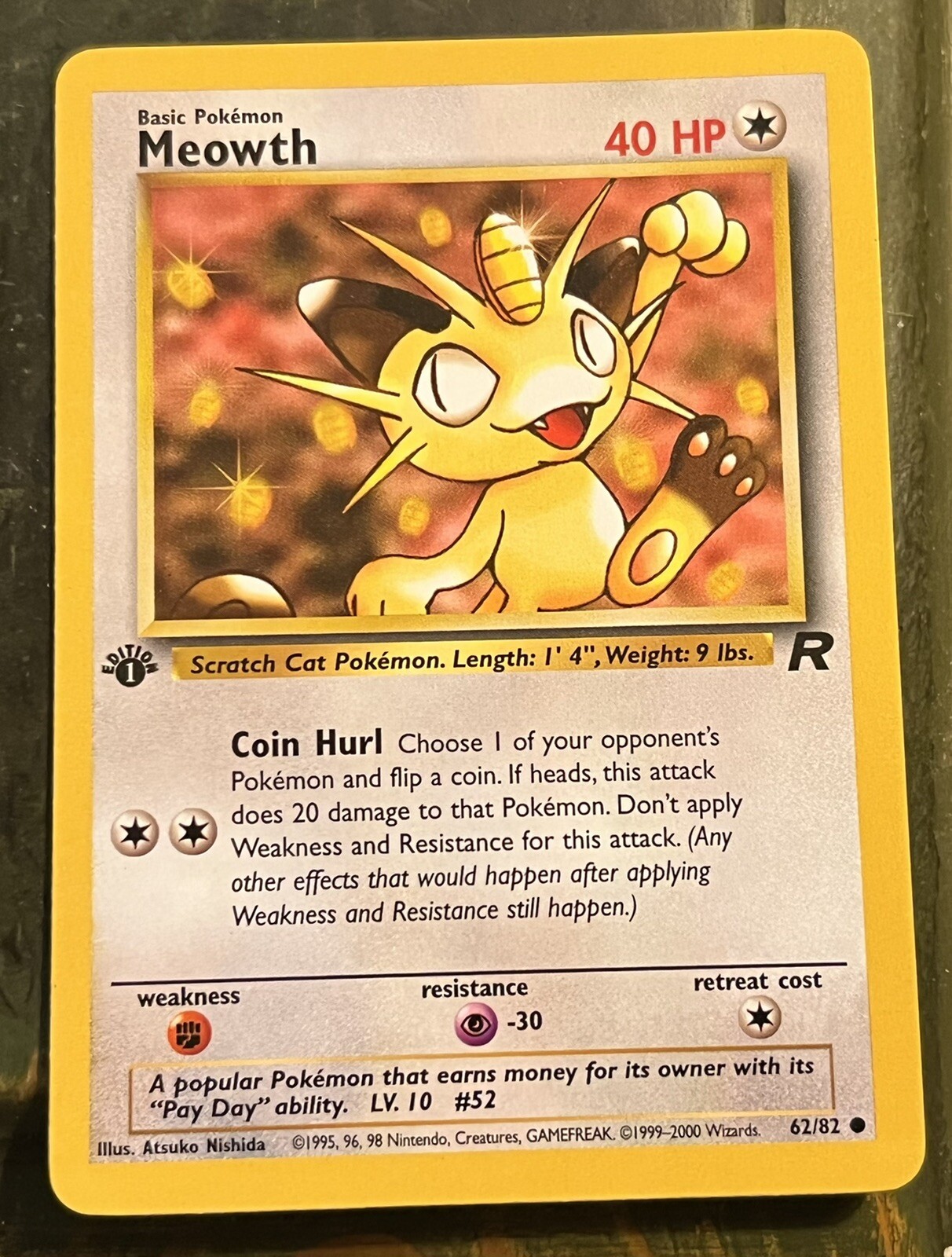 Meowth 62/82 1st Edition Team Rocket WotC Vintage Pokemon Card Mint ...