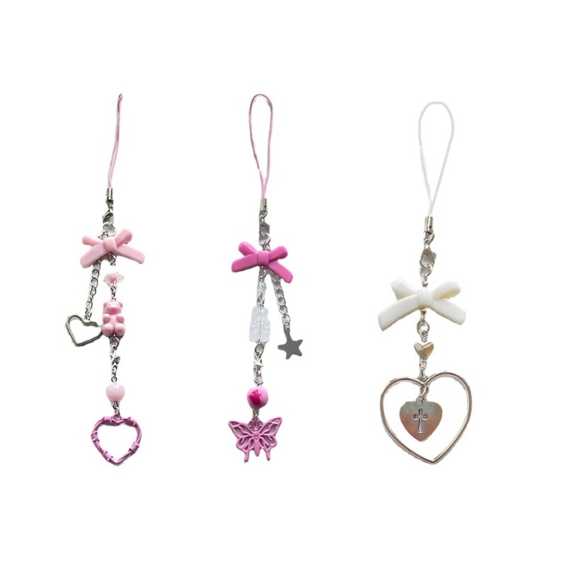 Sweet Bowknot Heart Charm Pendant Chain Phone Straps Pocket Keychain ...