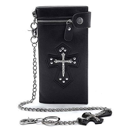Mens Gothic Skull Cross Leather Biker Punk Wallet with a Metal Long ...