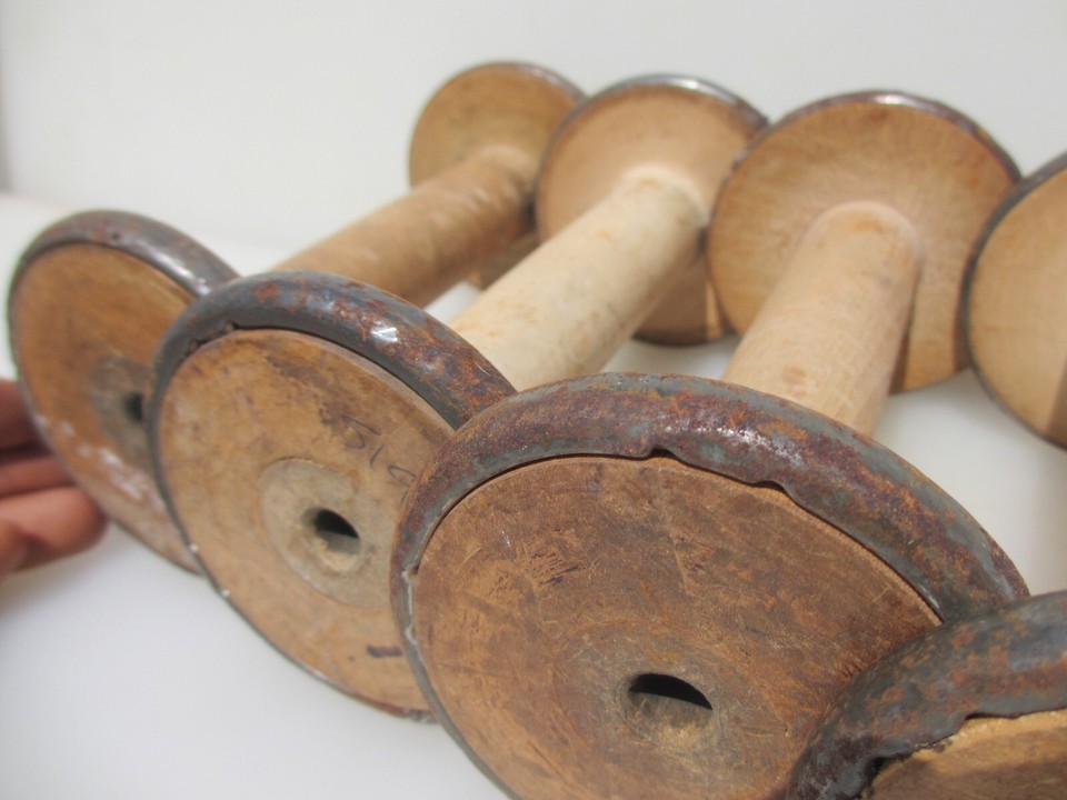 Vintage Wooden Industrial Textile Bobbins Metal Rims x1 Factory Bobbin ...