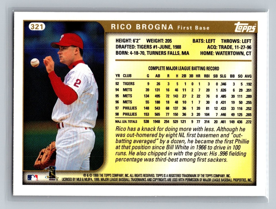 1999 Topps - Rico Brogna #321 Philadelphia Phillies Baseball Card | eBay