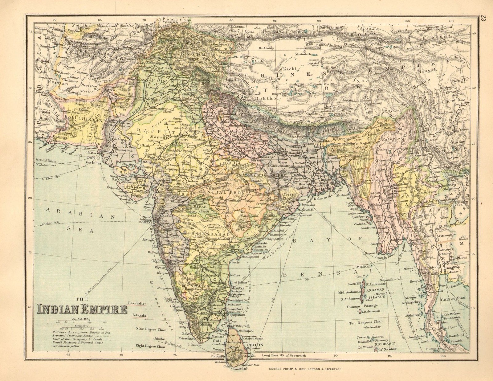 1902 MAP ~ INDIAN EMPIRE ~ CEYLON RAJPUTANA BOMBAY MADRAS MYSORE ORISSA ...