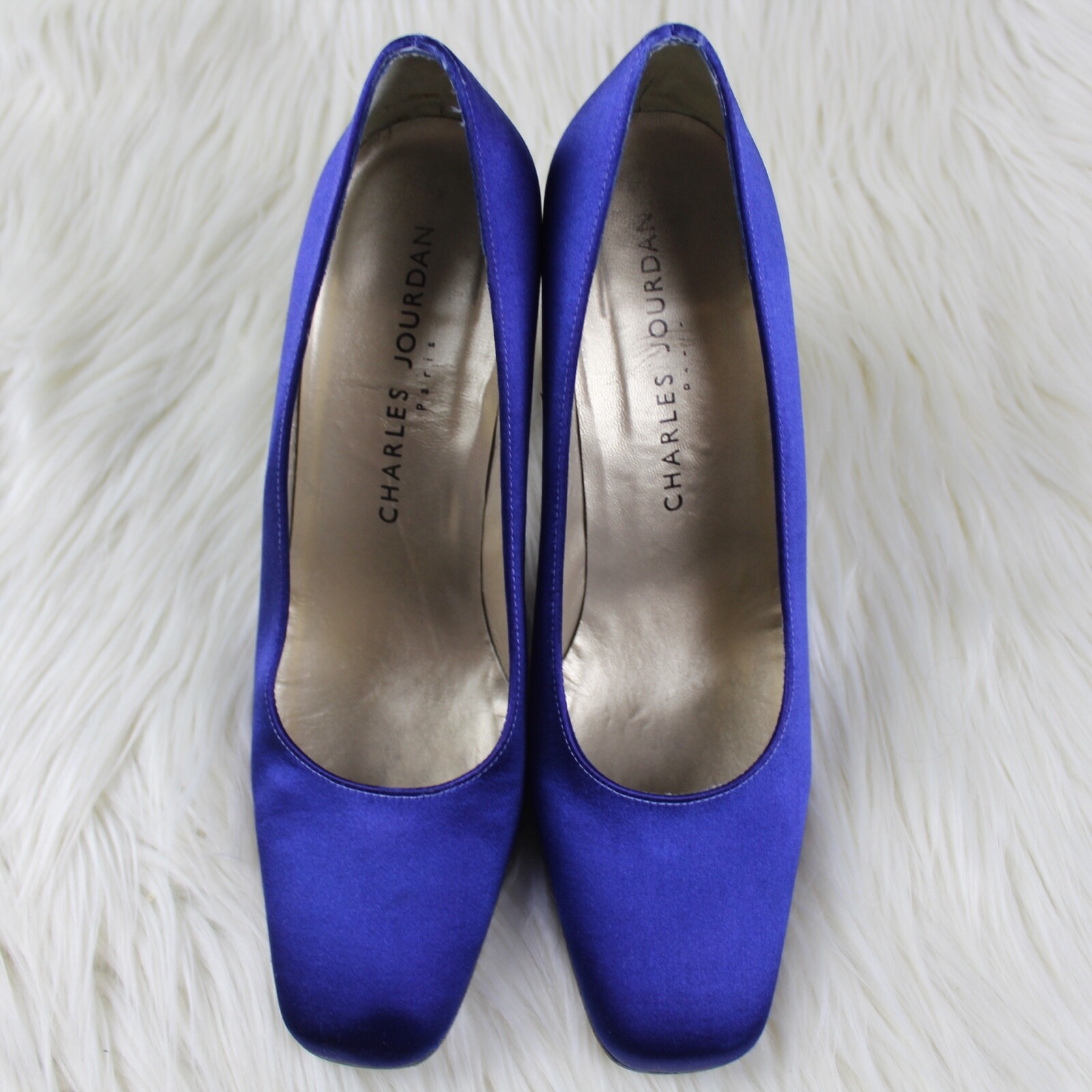 Charles Jourdan Paris Blue Satin Pumps Block Heels Sq… - Gem