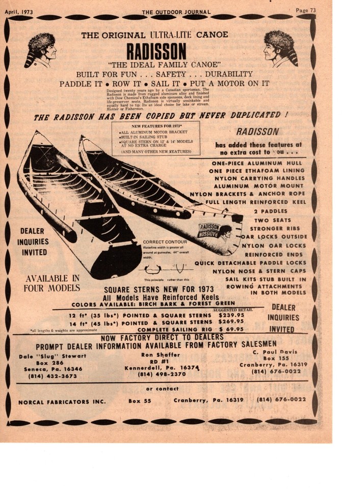 1973 RADISSON ULTRA-LITE CANOE PRINT AD, BIRCH BARK, SQUARE STERN ...