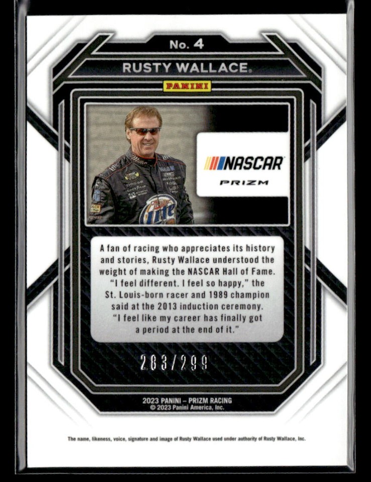 2023 Panini Prizm #4 Rusty Wallace Hyper Prizm Red and Blue #/299 card ...