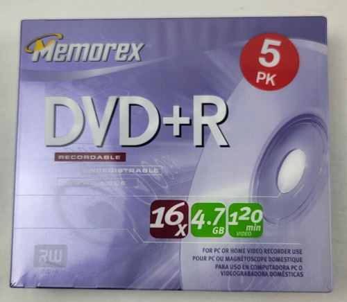 Memorex DVD+R Blank DVDs 5 Pack Recordable for PC Home Video Recorders ...