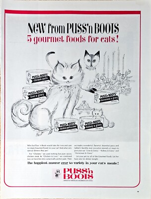PUSS n BOOTS - 5 Gourmet Foods For Cats! CAT FOOD 1964 Vintage Print Ad ...
