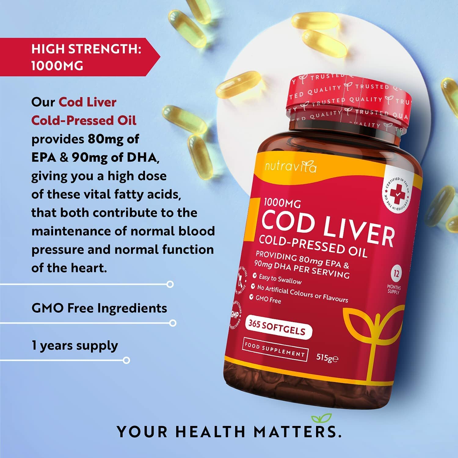 High Strength Cod Liver Oil 1000mg + Omega 3, Vits A, D & E - Heart ...
