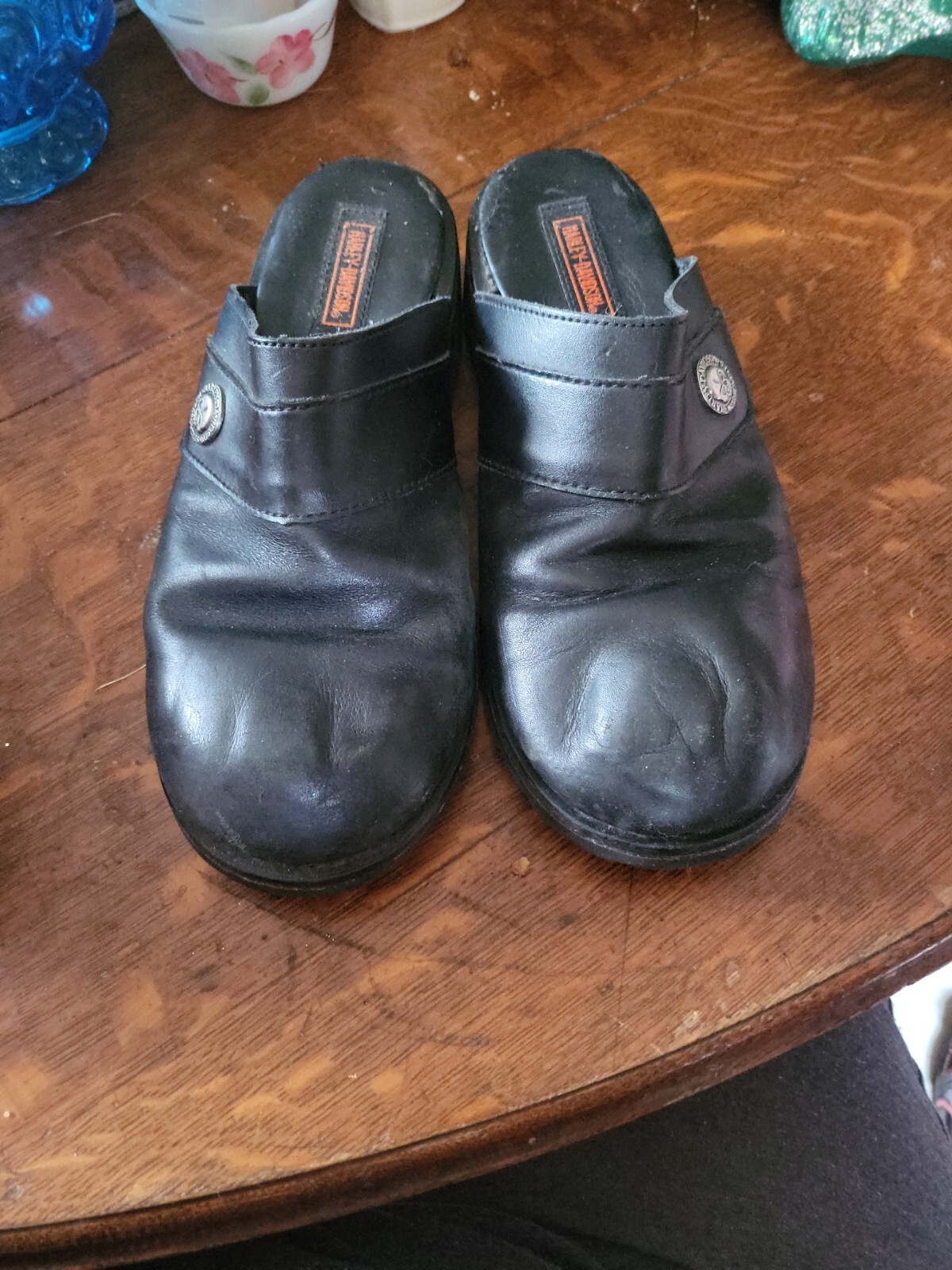 Harley Davidson Black Leather Clogs Mules Women Sz 9 - Gem