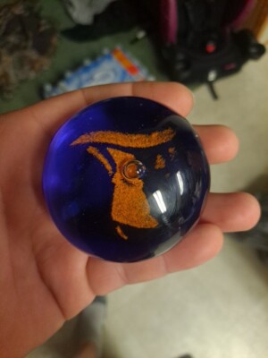 Cobalt Blue Art Glass Paperweight, With Orange Yellow Design Symbol ...