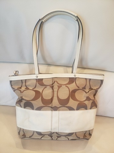 Coach Signature Canvas Beige Leather Strap Purse Handbag Tote F13548 | eBay