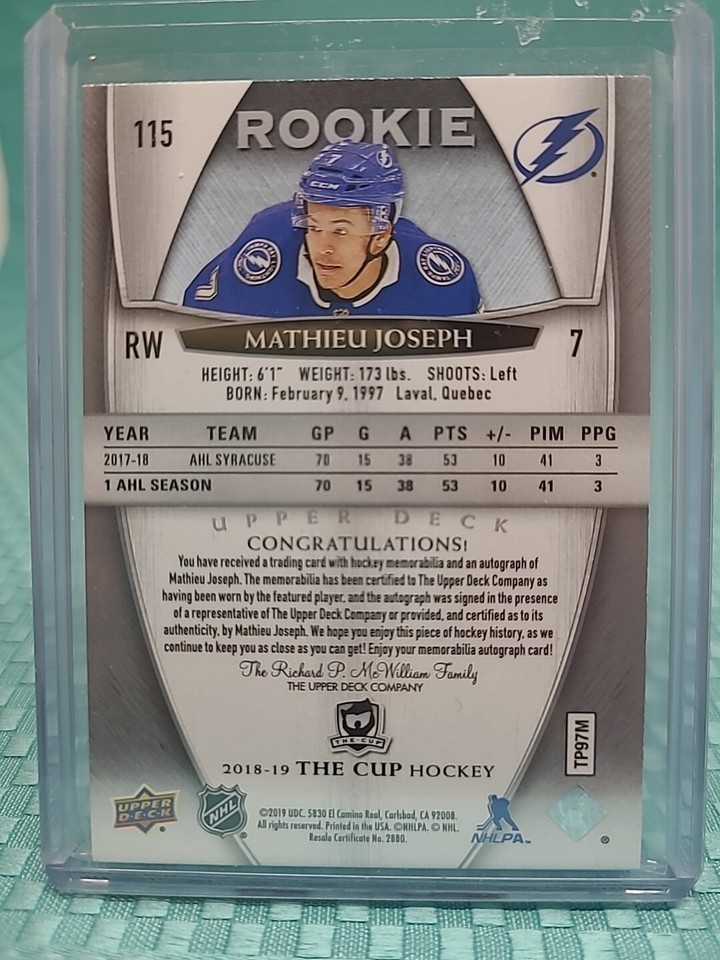 2018-19 Upper Deck The Cup Mathieu Joseph RPA RC SP #115 | eBay