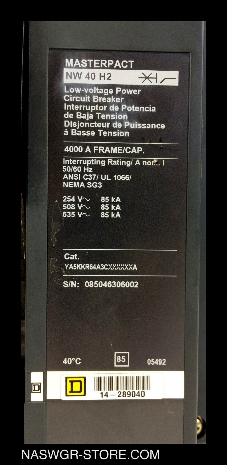 Square D MasterPact NW40H2 Breaker (M/O,D/O) ~ 4000 Amp - Tested/1Yr ...