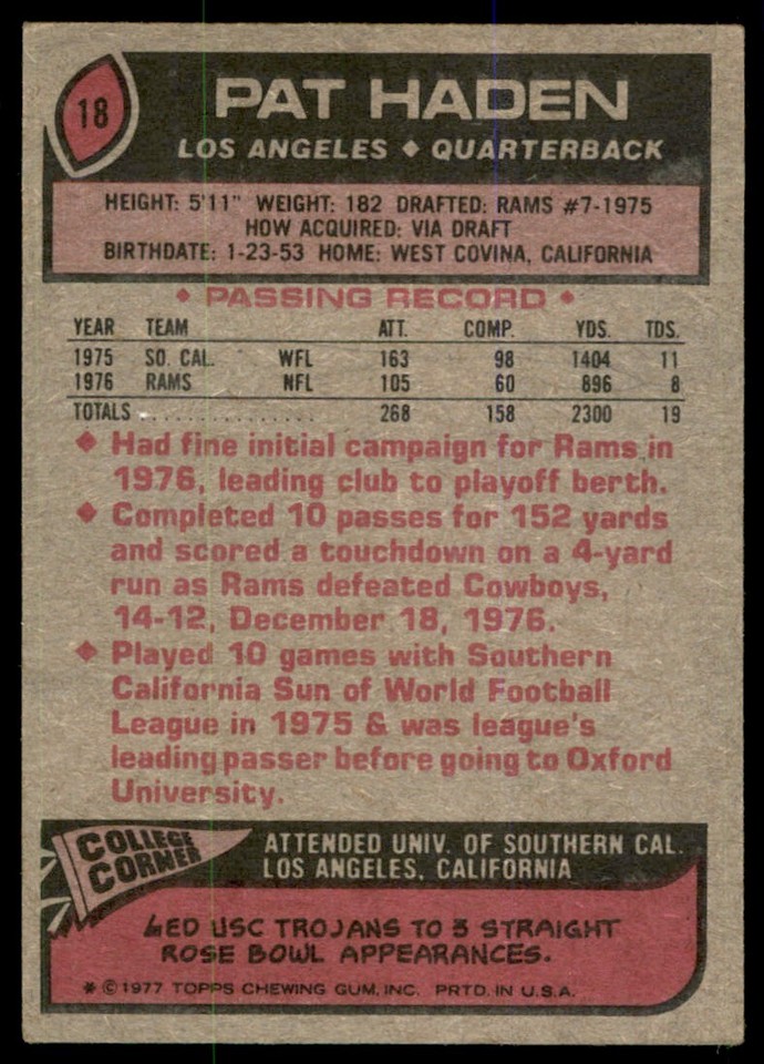1977 Topps Football Pat Haden RC Los Angeles Rams #18 | eBay
