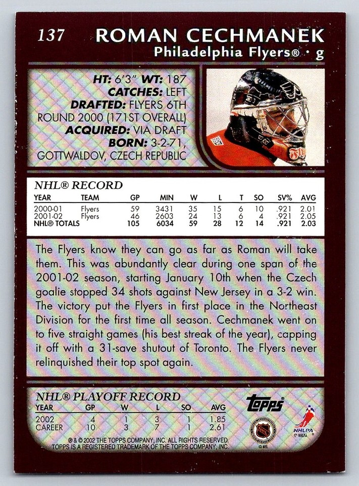 # 137 Roman Cechmanek Philadelphia Flyers 2002-03 Topps | eBay