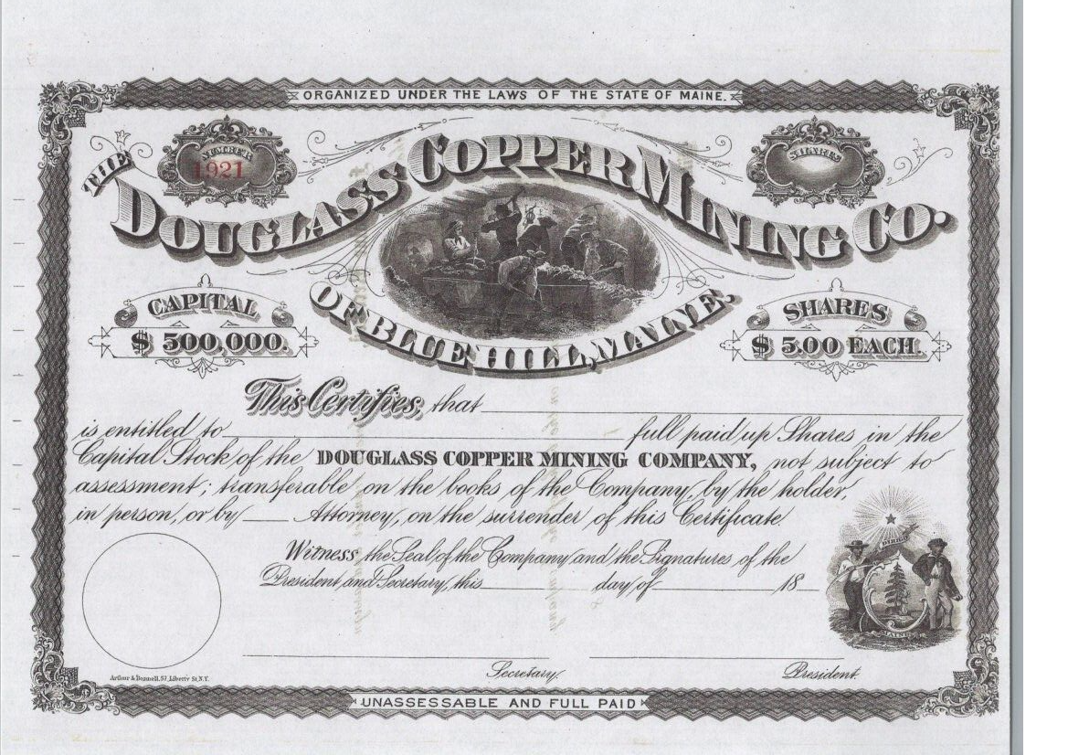 DOUGLASS COPPER MINING CO (BLUE HILL MAINE)...1800'S UNISSUED STOCK ...
