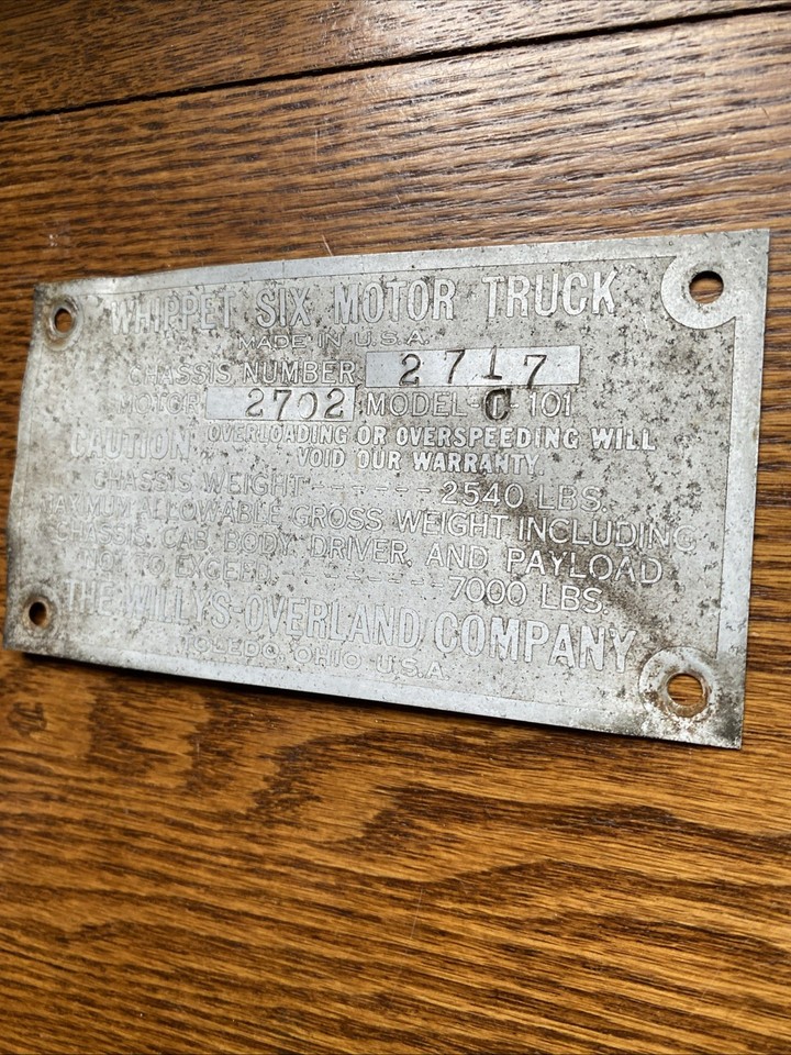 Willys Overland Jeep Data Plate Serial # 2717-Whippet 6 Motor Truck | eBay