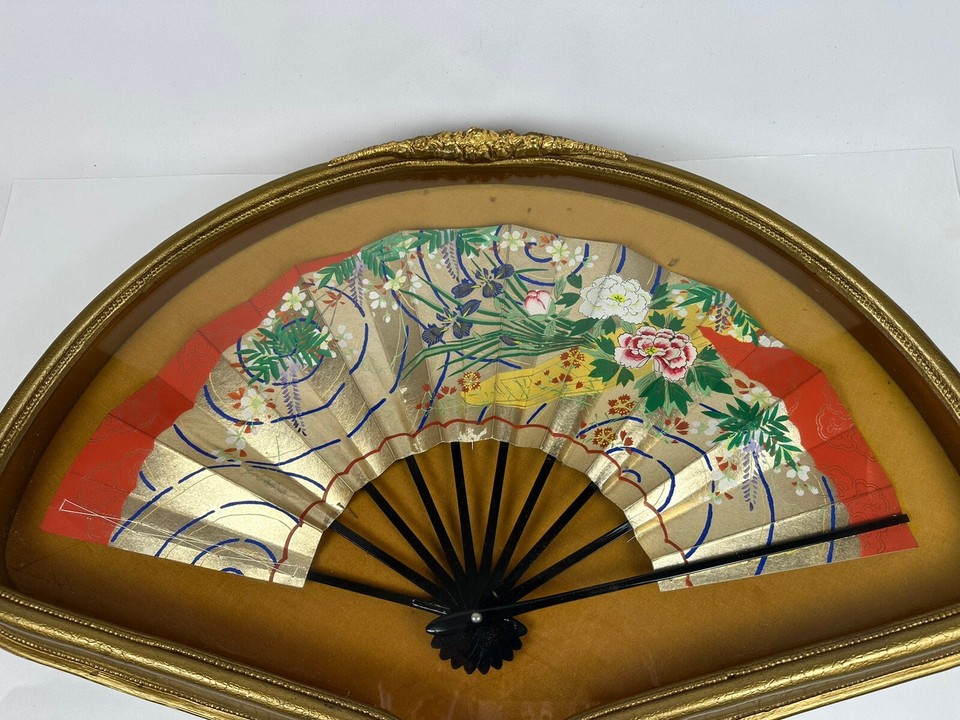 VTG Hand Painted Nature Trees Silver Paper Asian Hand Fan Shadow Box ...
