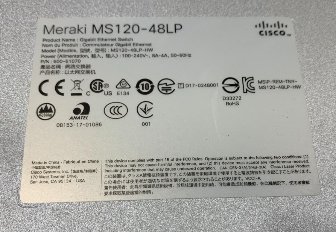 Cisco Meraki 48 Port Rack Mountable Ethernet Switch MS120-48LP-HW ...