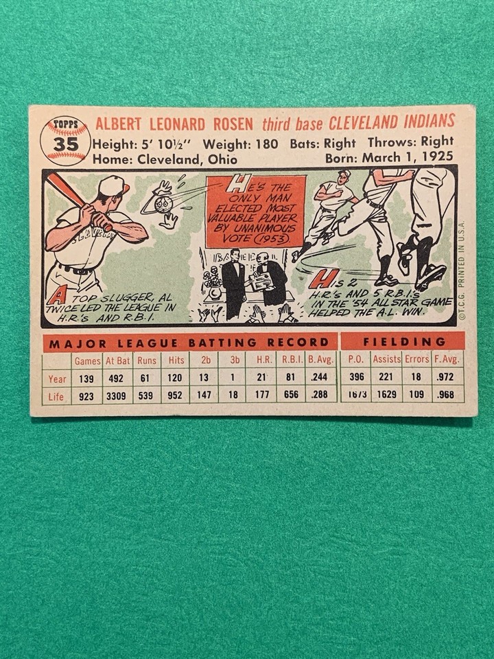 1956 TOPPS #35 AL ROSEN, WHITE BACK, CLEVELAND INDIANS, EX-EXMINT | eBay