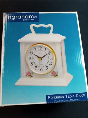 VINTAGE-Ingraham Porcelain Clock Quartz Ivory Color Roses Mantle Table ...