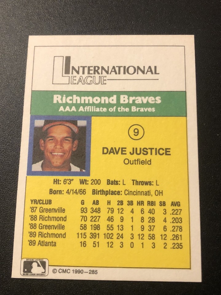 1990 CMC Minors David Dave Justice #9 Rookie Baseball Card RC Richmond ...