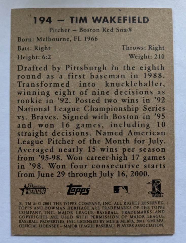 TIM WAKEFIELD, 2001 BOWMAN HERITAGE #194, RED SOX | eBay UK