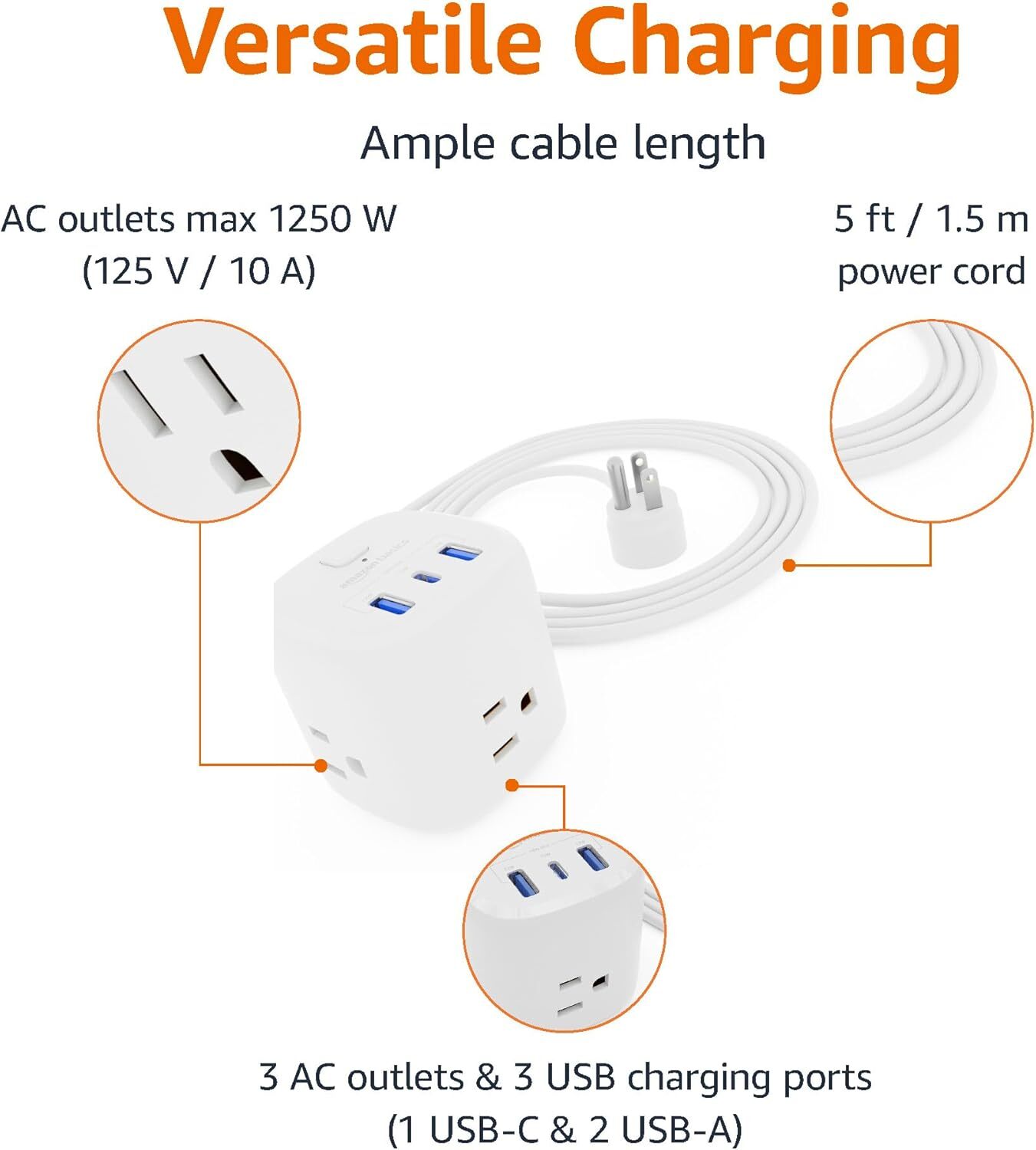Regleta cubo 3 tomas, 3 USB, 1 USBC, cable 5 pies blanca hogar | eBay