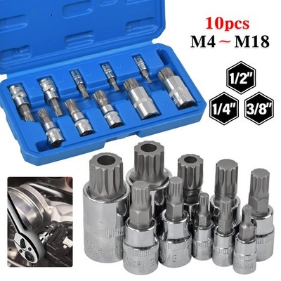 10pcs Multi Spline Bit 1/2"Socket Set 12 point triple square M4 to M18 ...
