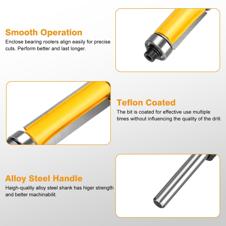 5x 1/4" Shank Flush Trim Top & Bottom Bearing Router Bit 1/2 1-1/2" Cut ...