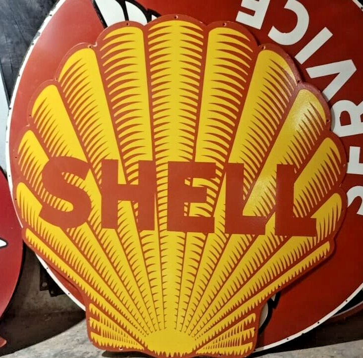 SHELL GAS & OIL ADVERTISEMENT DOUBLE SIDED PORCELAIN ENAMEL 5 FEET DIE ...