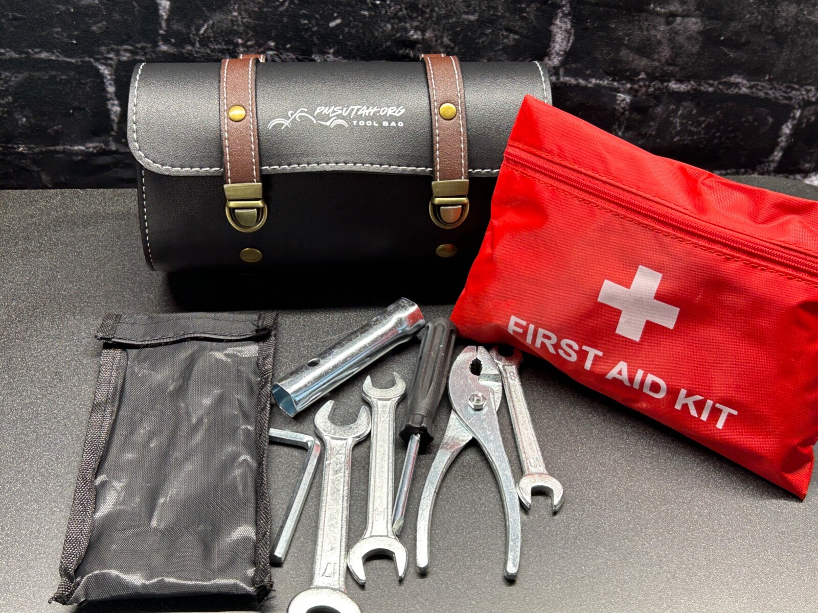 Leather Motorcycle Bag First Aid Tool Kit Fork Sissy Bar Holder Pouch ...