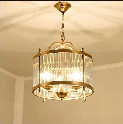 Modern Brass Hanging Pendant Light – Fluted Glass Chandelier – Elegant ...