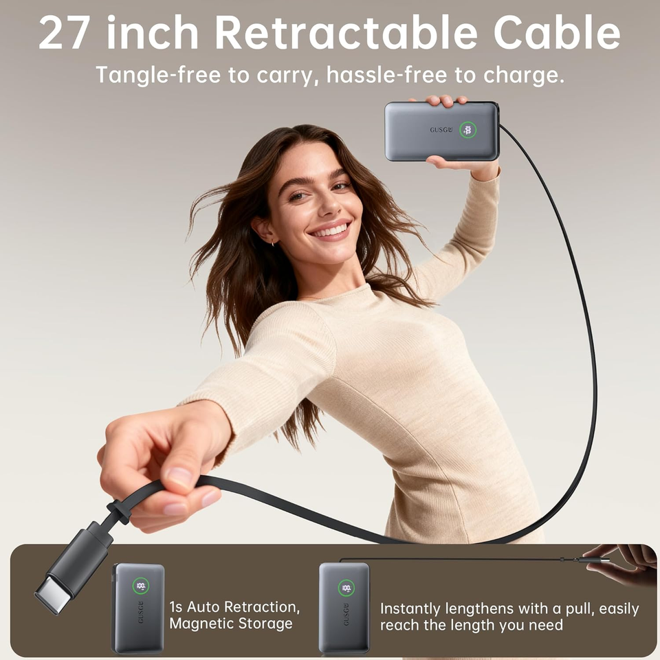 X3 Pro 20,000Mah Power Bank with Foldable Plug, Built-In Type-C Cable ...